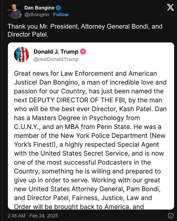 Endnu et HUG til den dybe stat : Dan Bongino udpeget til vice-chef for ...